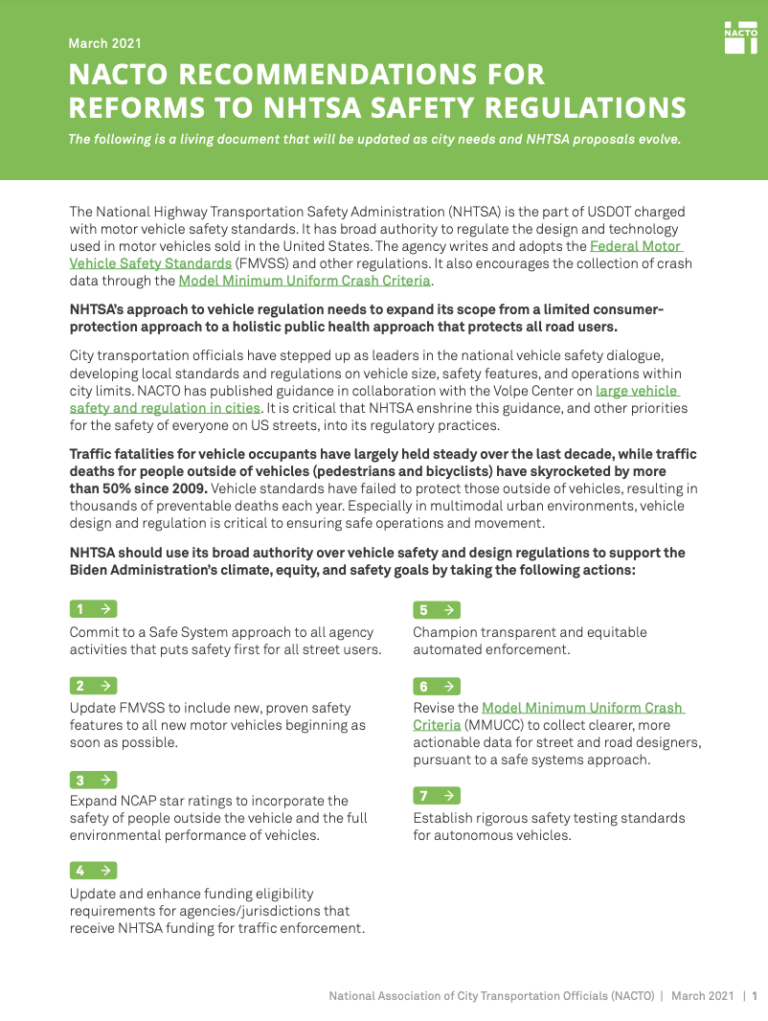 NACTO Recommendations for Reforms to NHTSA Safety Regulations - NACTO